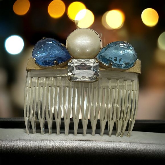 Accessories | Vintage Hair Comb Gold Tone Faux Pearl Clear Blue ...